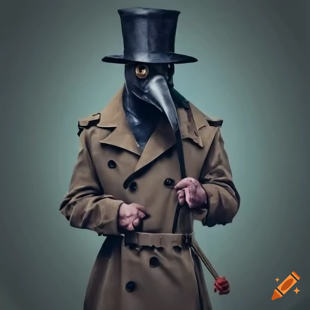 Man in trench coat and top hat with a plague doctor crow mask and cane ...