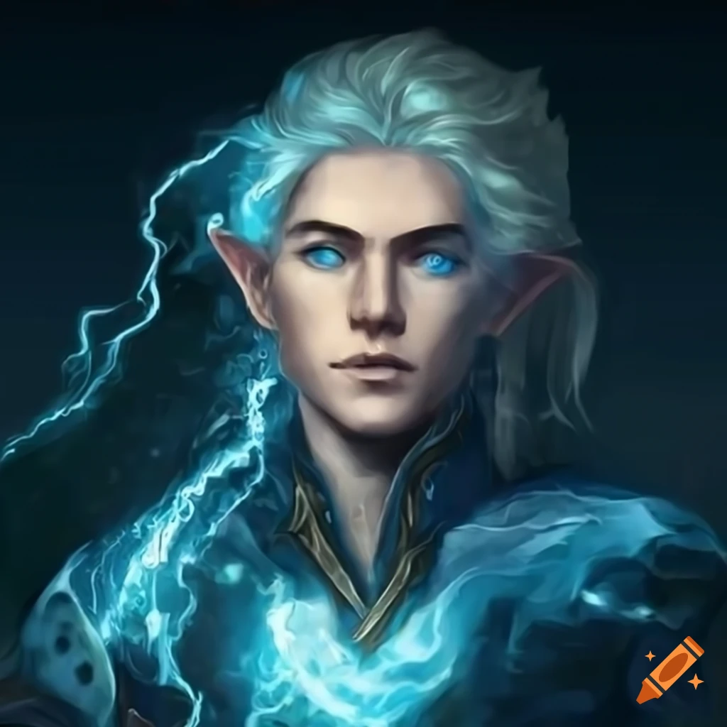 Male elven cleric casting elemental energies of fire, ice, lightning ...