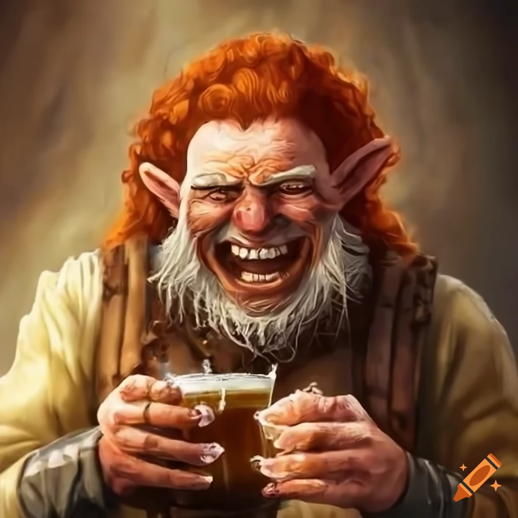 Laughing dwarf in tavern enjoying ale with frothy foam on Craiyon