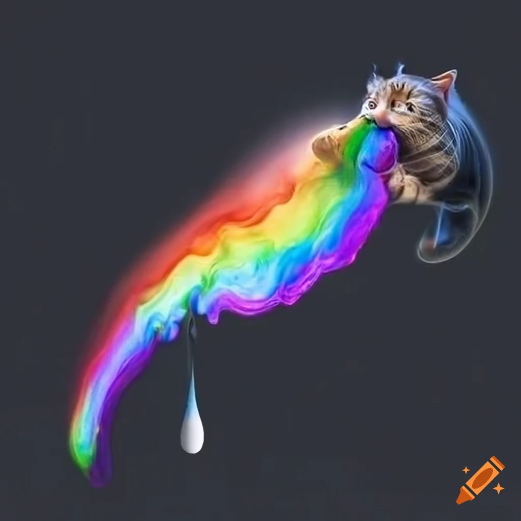 Cat floating in space with liquid rainbow flowing over planet saturn on ...