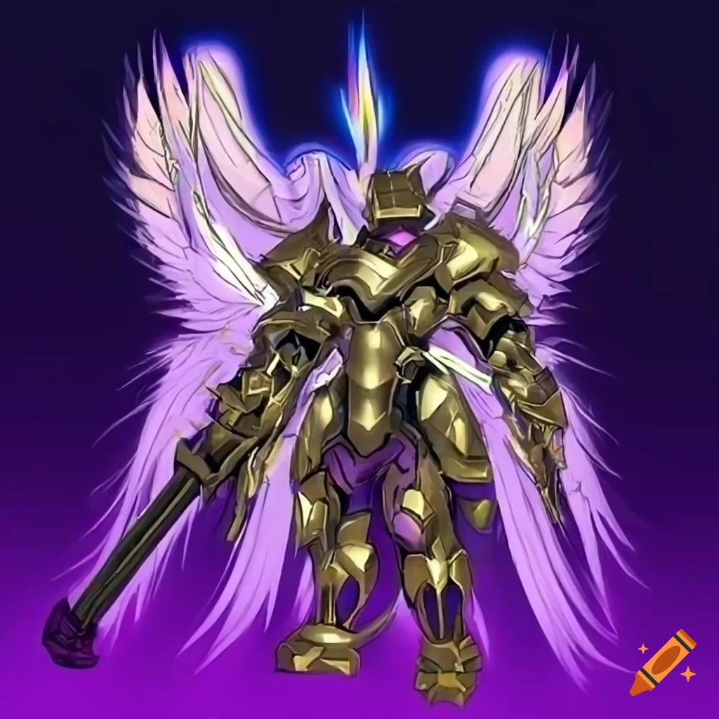 Stylized valkyrie power armor with rainbow plasma phoenix design on Craiyon