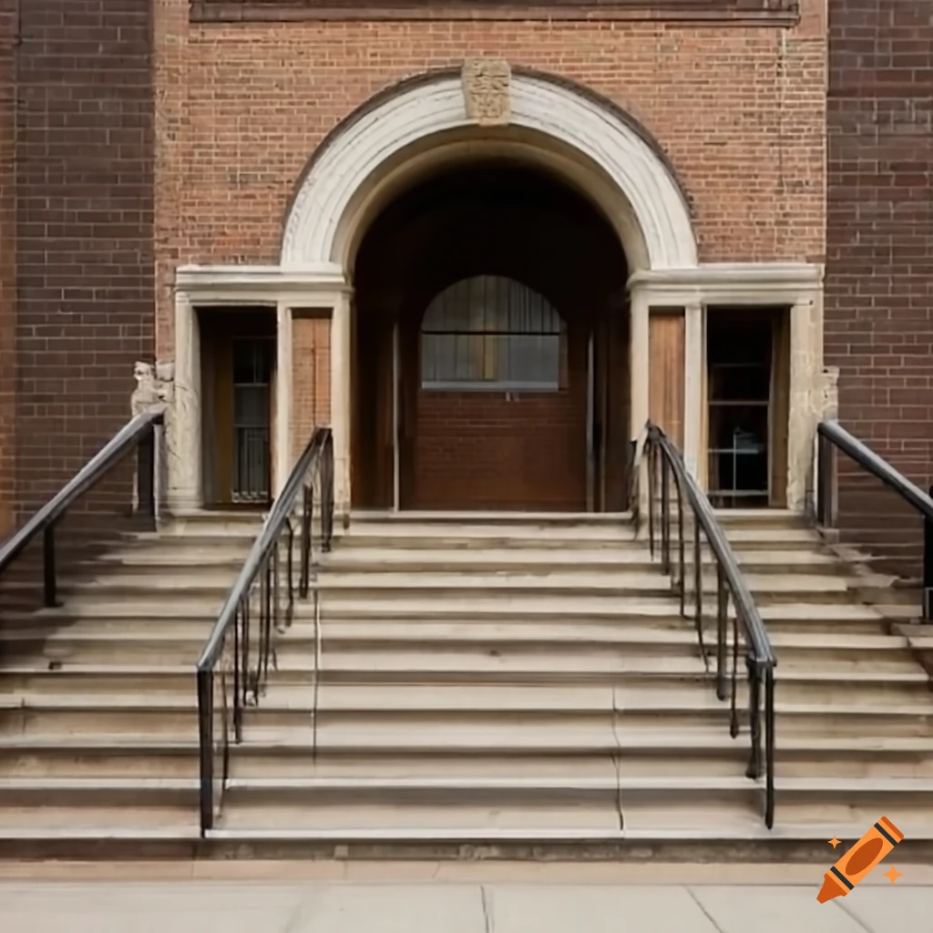 College main entrance with staircases, landings, and canopy on Craiyon
