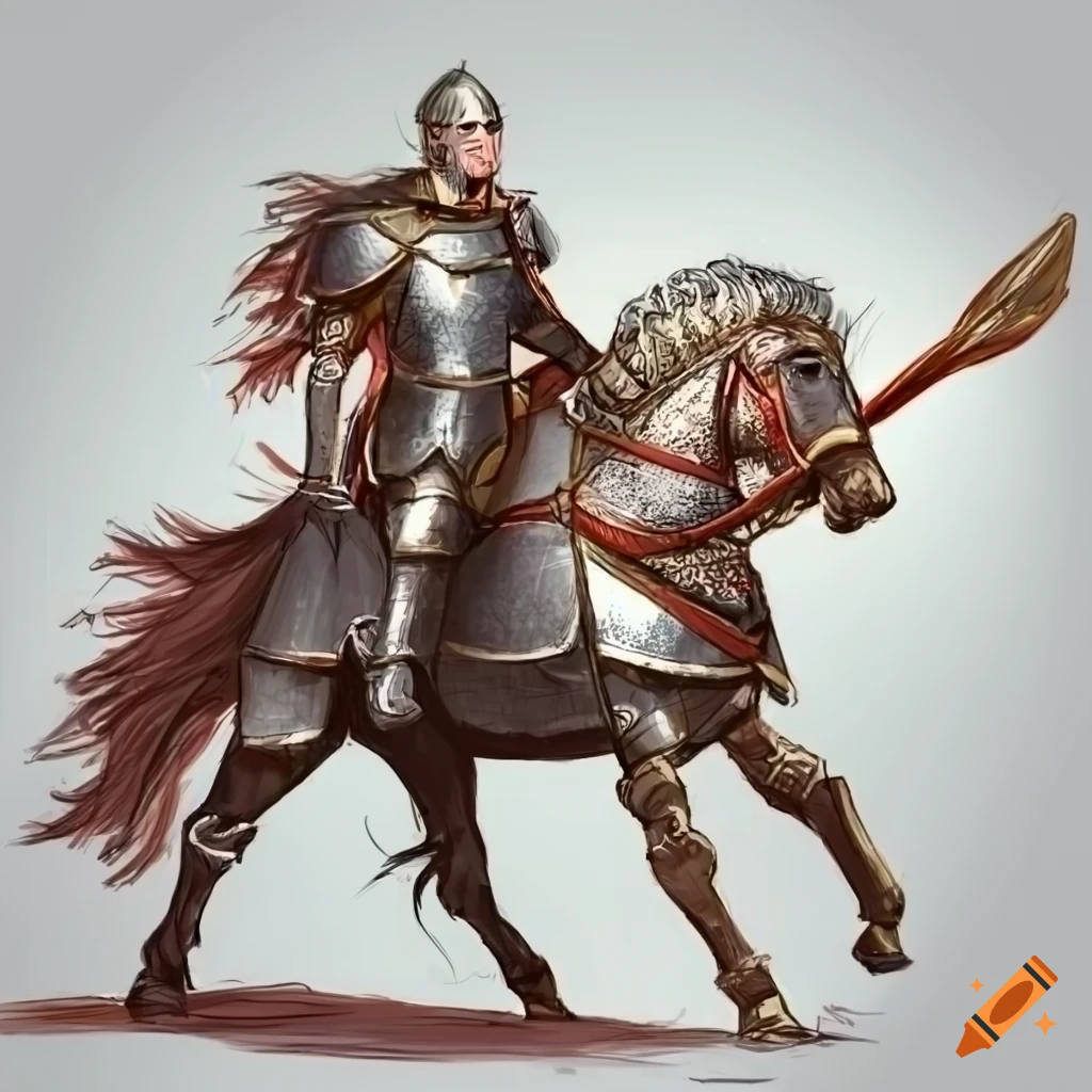 Brave young knight on horseback with lance in detailed sketch on Craiyon