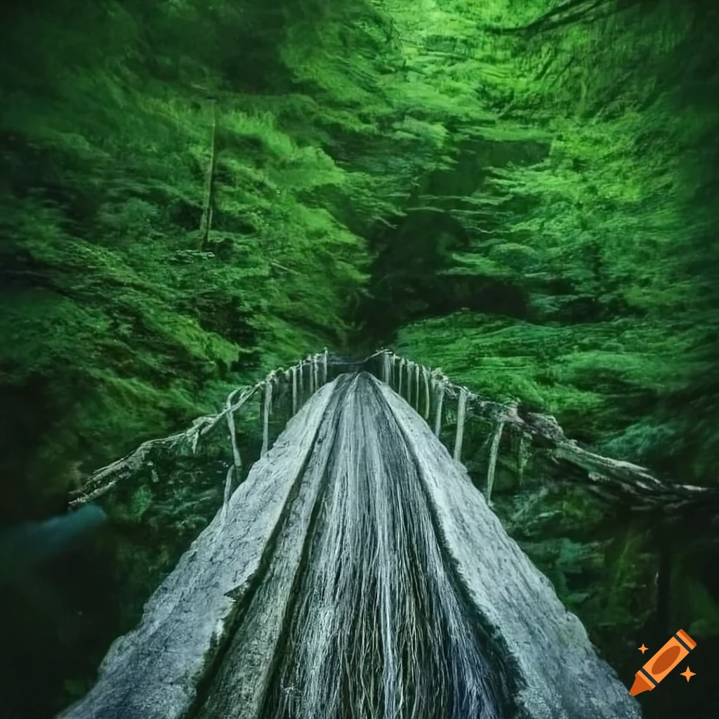 Old rickety bridge over deep ravine in a forest at night on Craiyon
