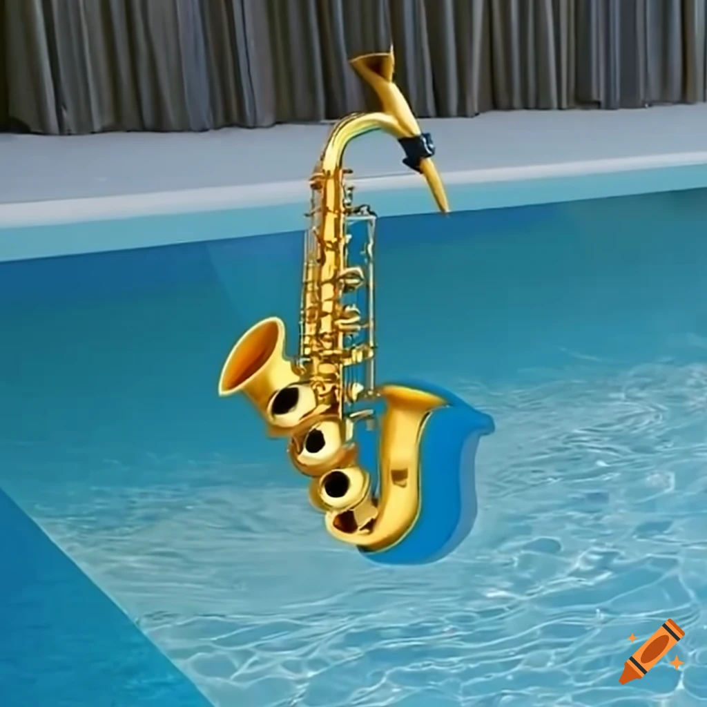 Saxophone sliding down a waterslide into a pool on Craiyon