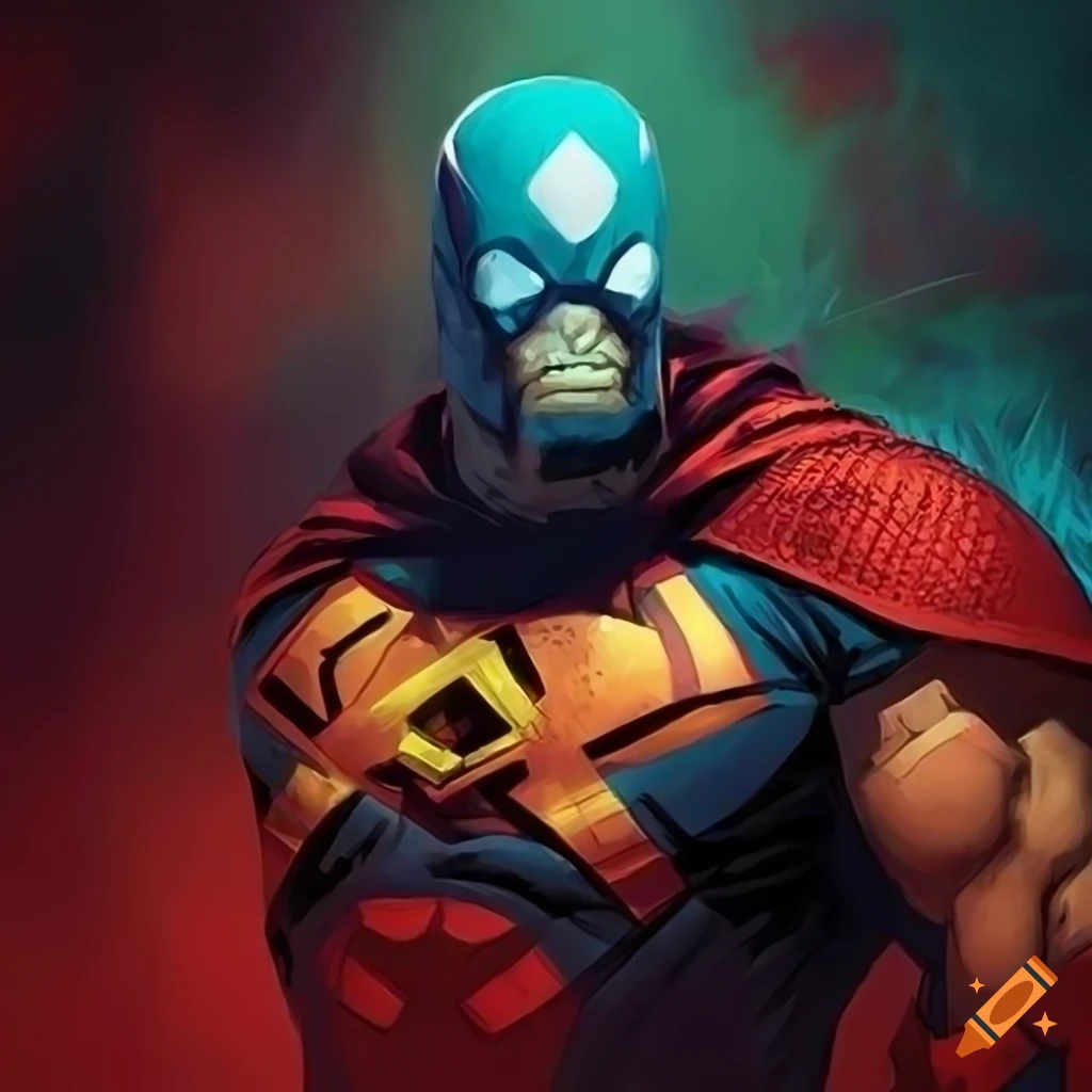 Strong superhero with chest symbol in stunning comic art style on Craiyon