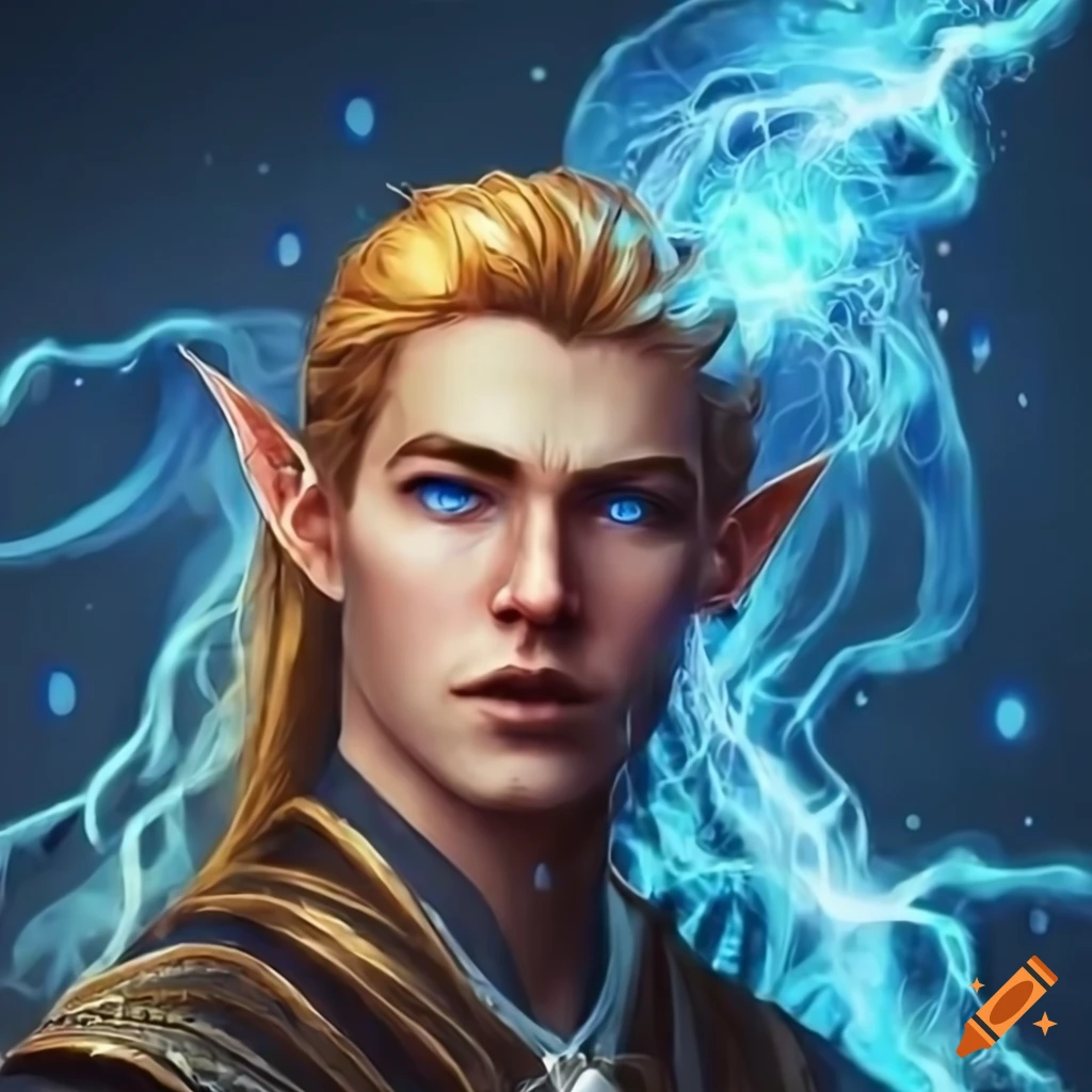 Handsome male elven wizard surrounded by elemental energies on Craiyon