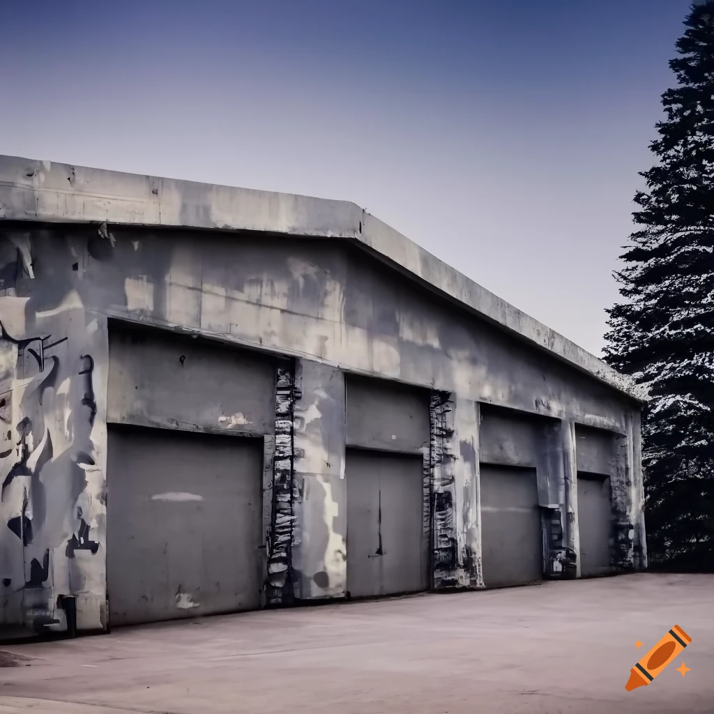 Military concrete garage in camo colors surrounded by spruce trees on ...