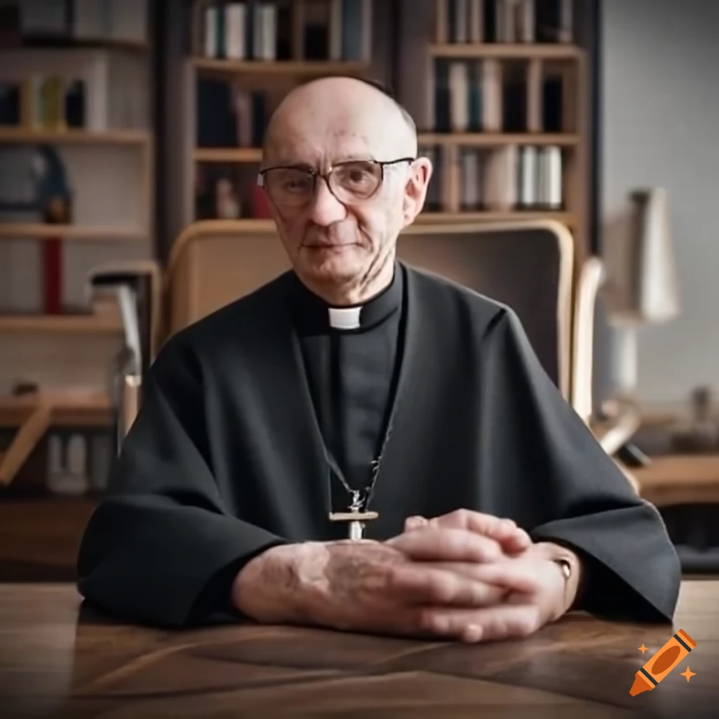 Roman catholic priest sitting in office facing the camera on Craiyon
