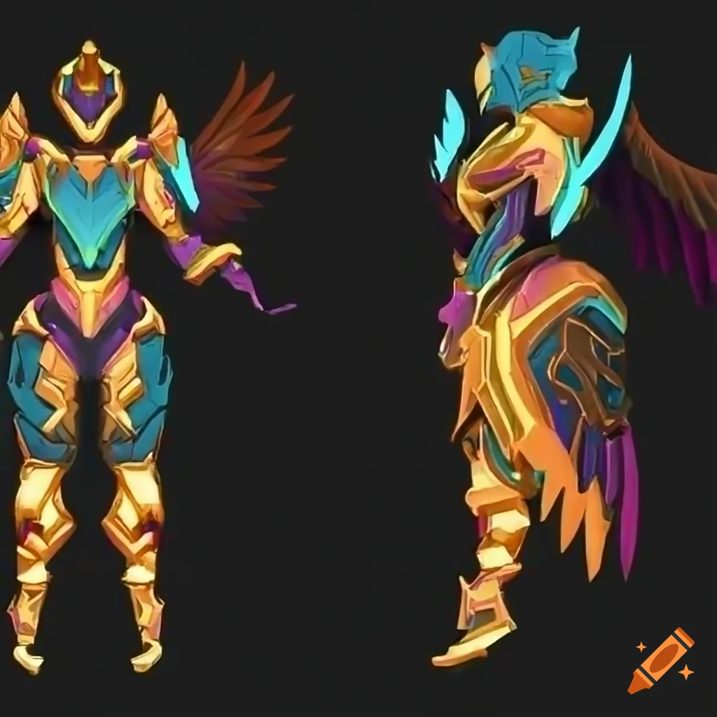 Stylized Valkyrie power armor with rainbow plasma phoenix design on Craiyon