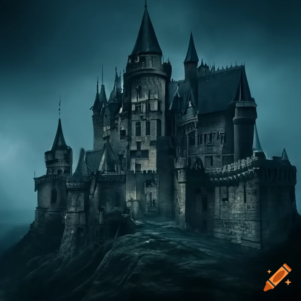 Luxurious fantasy castle with a sharply pointed roof and grand ...