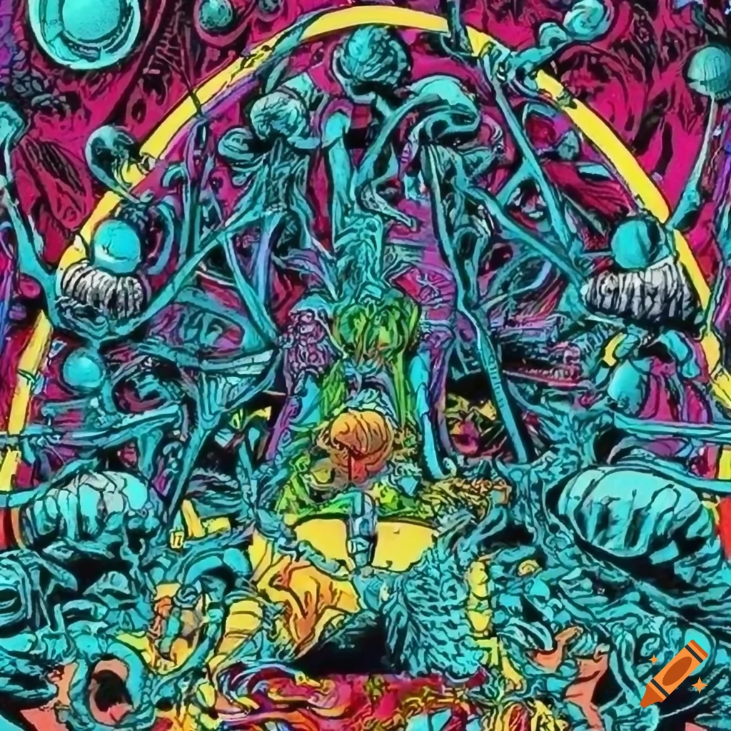 Intricately detailed psychedelic comic by rick griffin in a multi ...