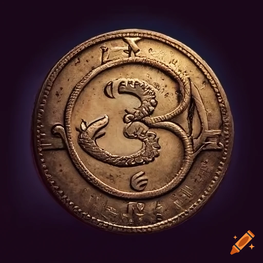 Fantasy old coin with writing around the edge and a detailed seal in ...