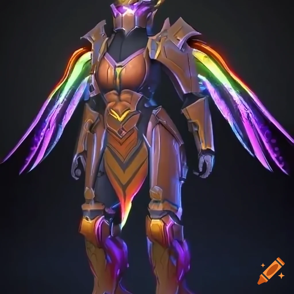 Stylized valkyrie power armor with rainbow plasma phoenix theme on Craiyon