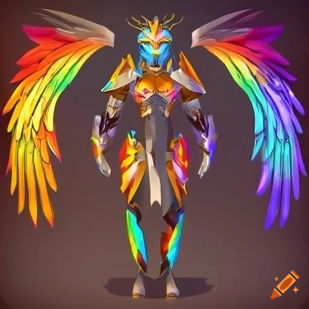 Stylized valkyrie power armor with rainbow plasma phoenix theme on Craiyon