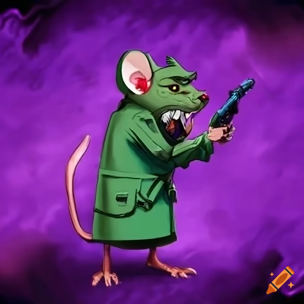 Angry rat in green trench coat firing high tech gun with purple ...