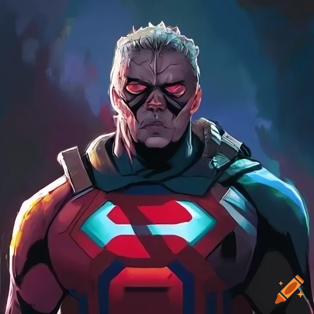 Strong superhero with chest symbol in comic art style on Craiyon