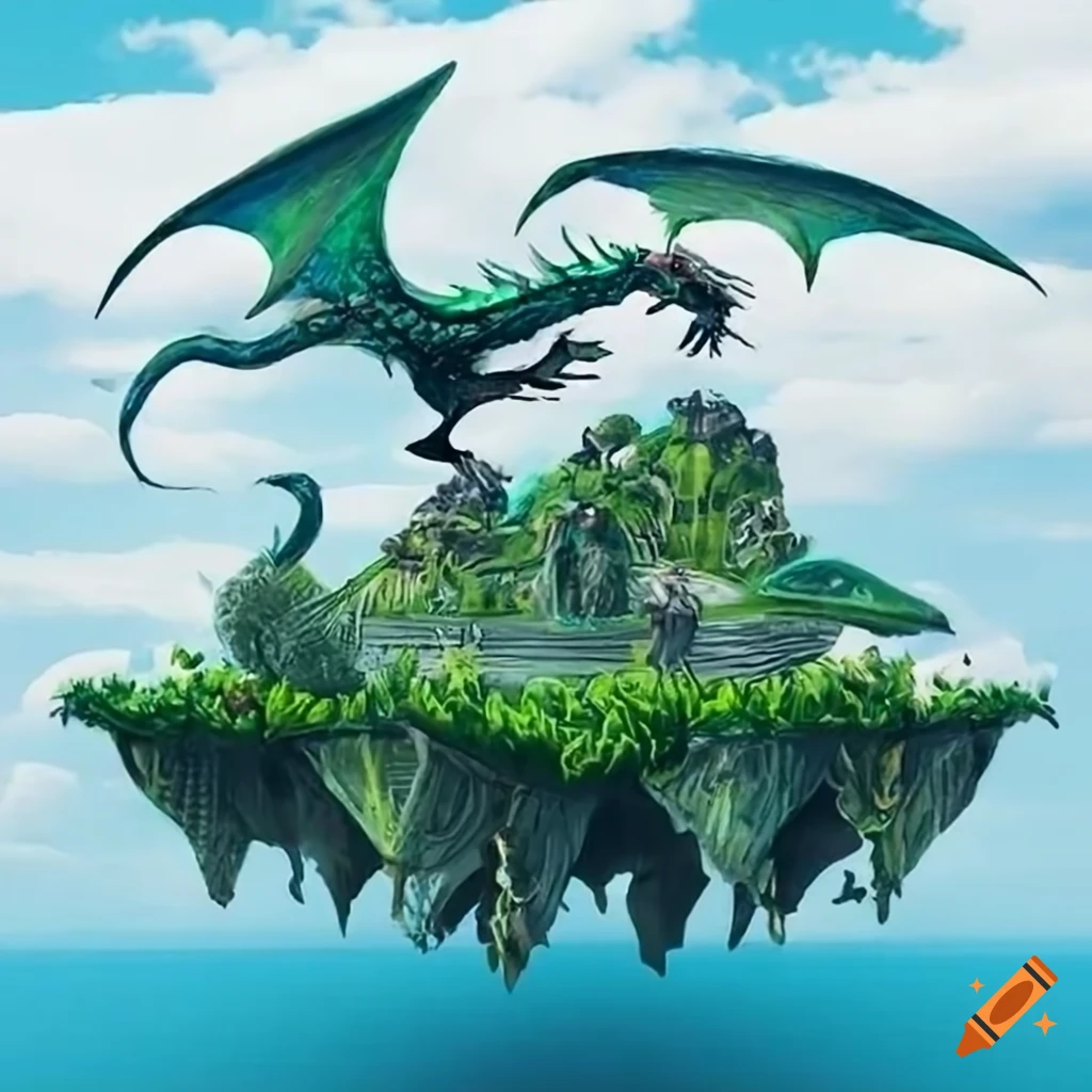 Legendary pleiadian dragon above floating islands and clouds on Craiyon
