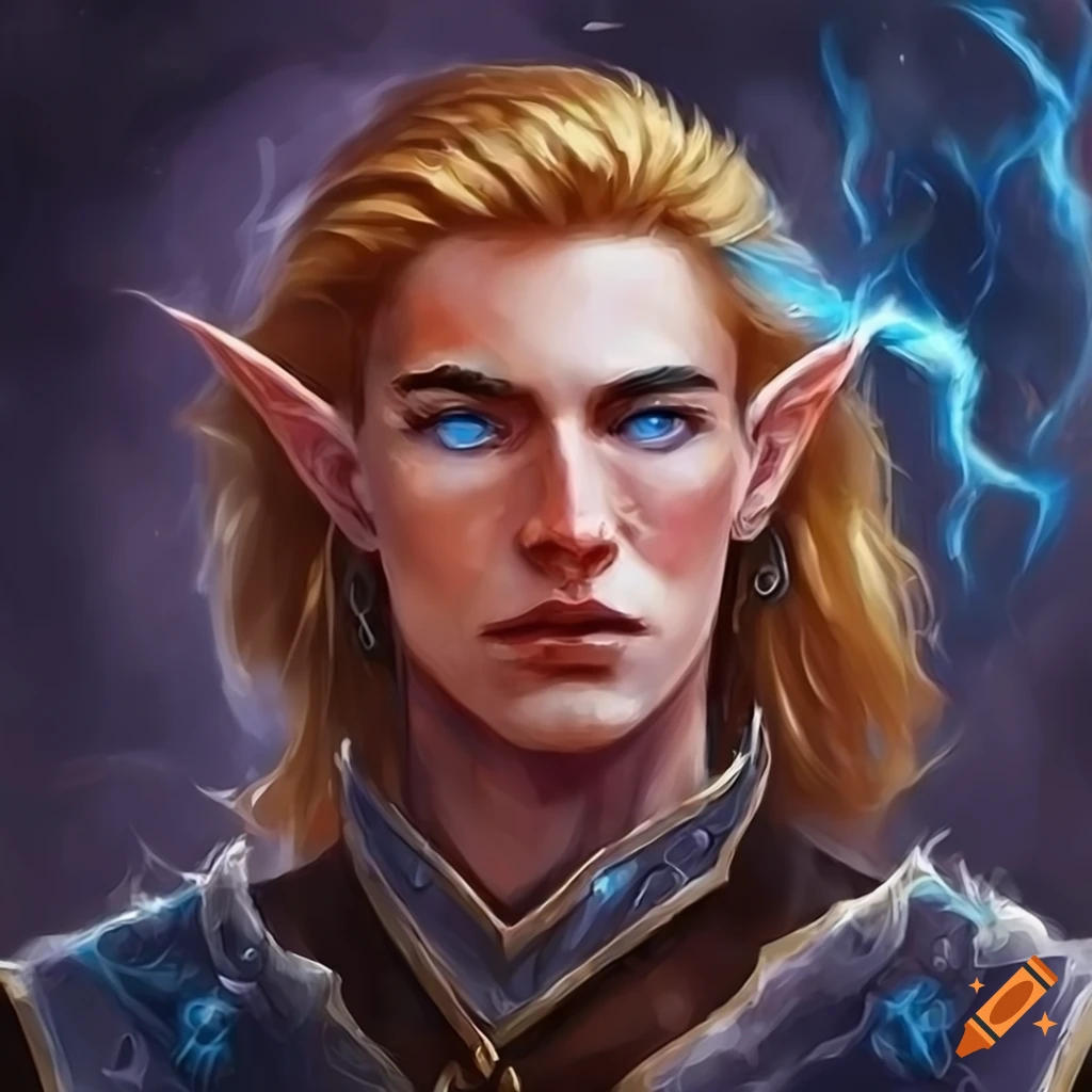 Handsome male elven cleric casting elemental magic in an oil painting ...