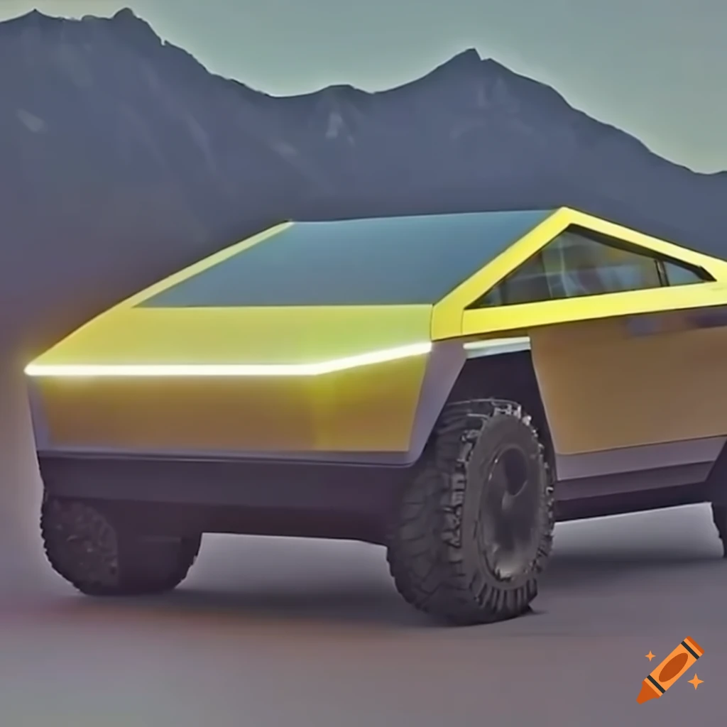 Bright yellow tesla cybertruck driving up a mountain on Craiyon