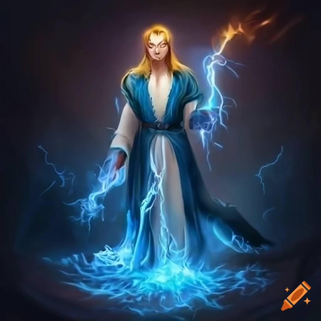 Captivating male elven wizard casting elemental energies in a magical ...