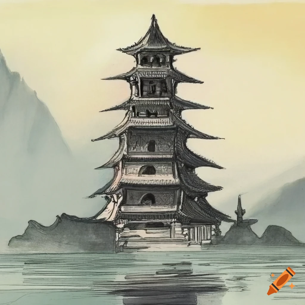 Majestic ancient Chinese tower surrounded by mountains and river during ...