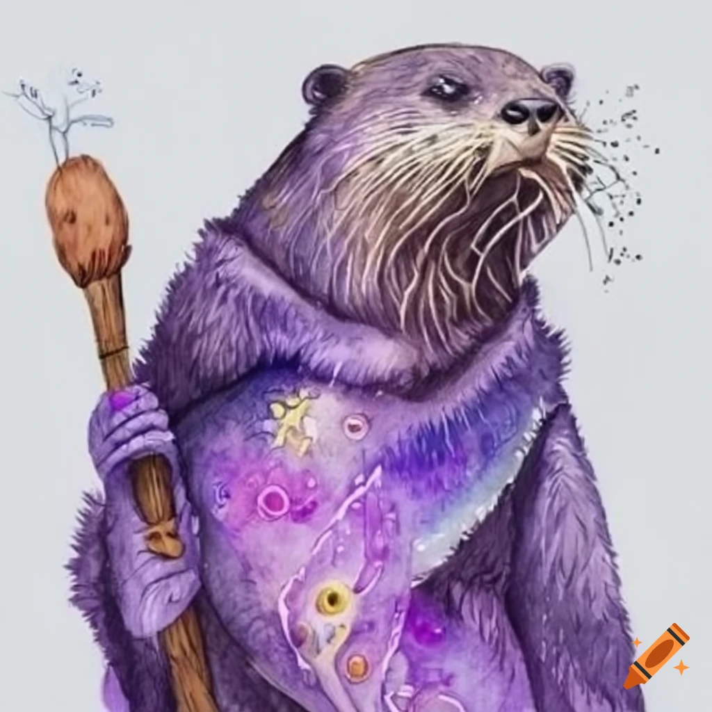 Intricately-detailed pencil drawing of a purple-furred otter wizard ...
