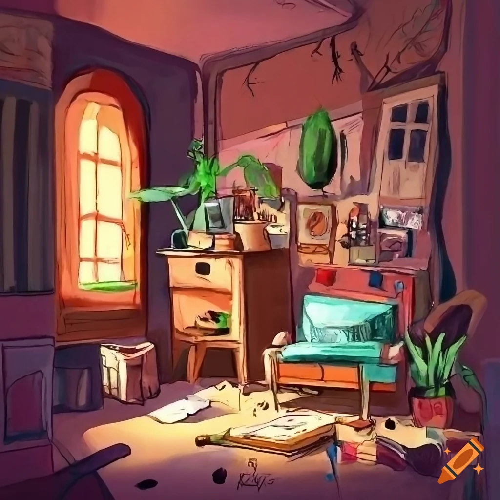 Messy artist's drawing room with sketch boards, plants, and paint ...