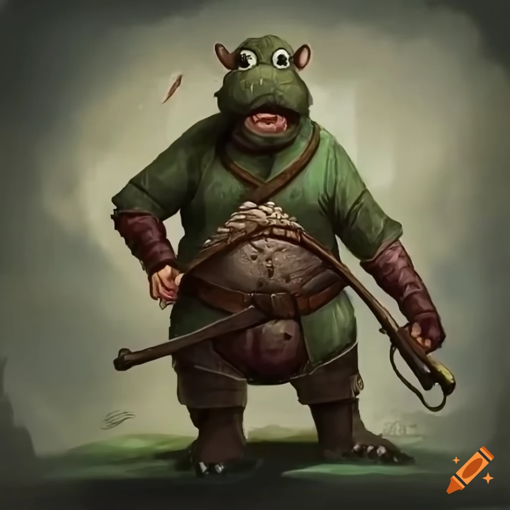 Giff Hippo pirate with a musket gun and tattered green clothes in a ...