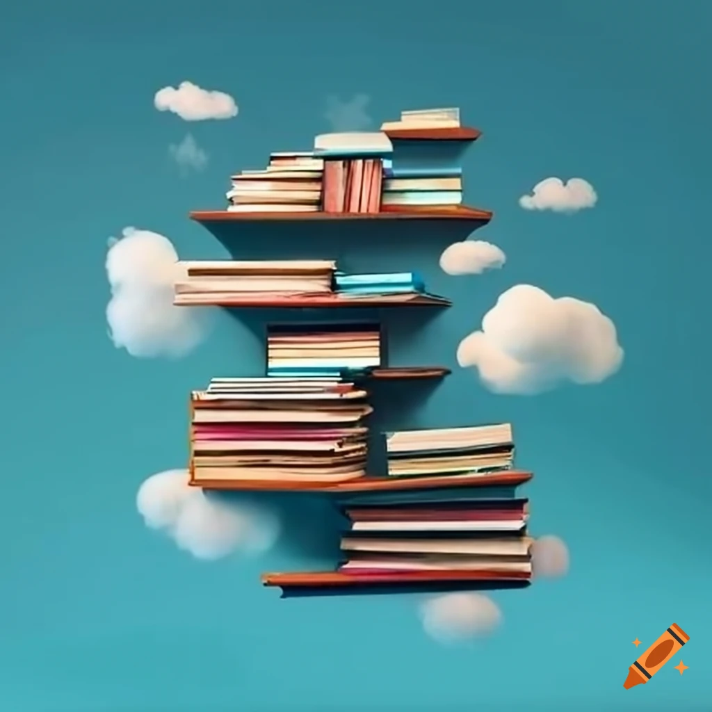 Whimsical library with cloud shelves and floating books on Craiyon