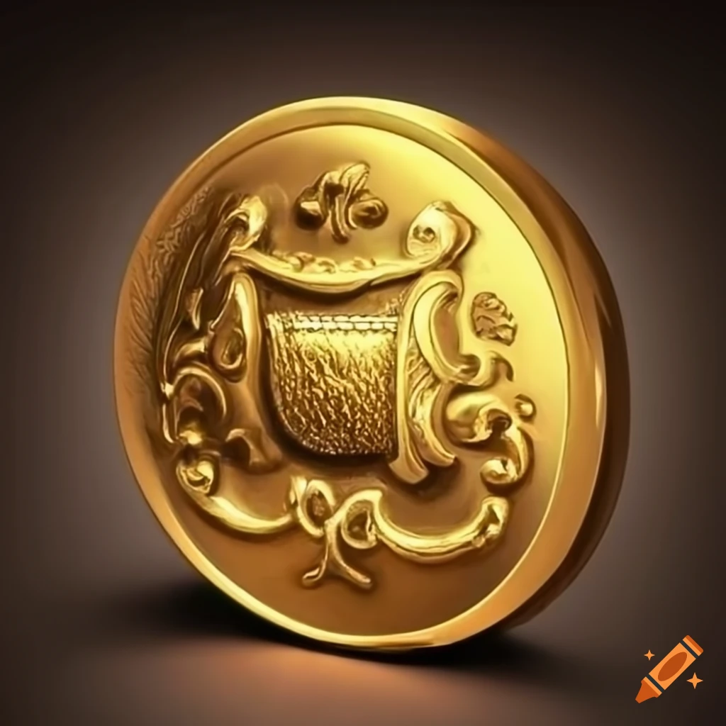 Golden ancient fantasy coin with symbols on the edge, viking longship ...