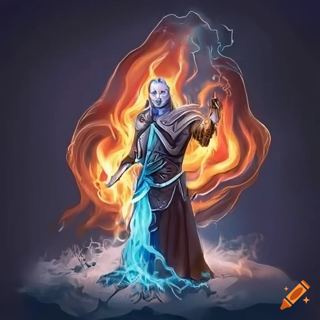 Male cleric wizard casting elemental magic surrounded by fire, ice ...