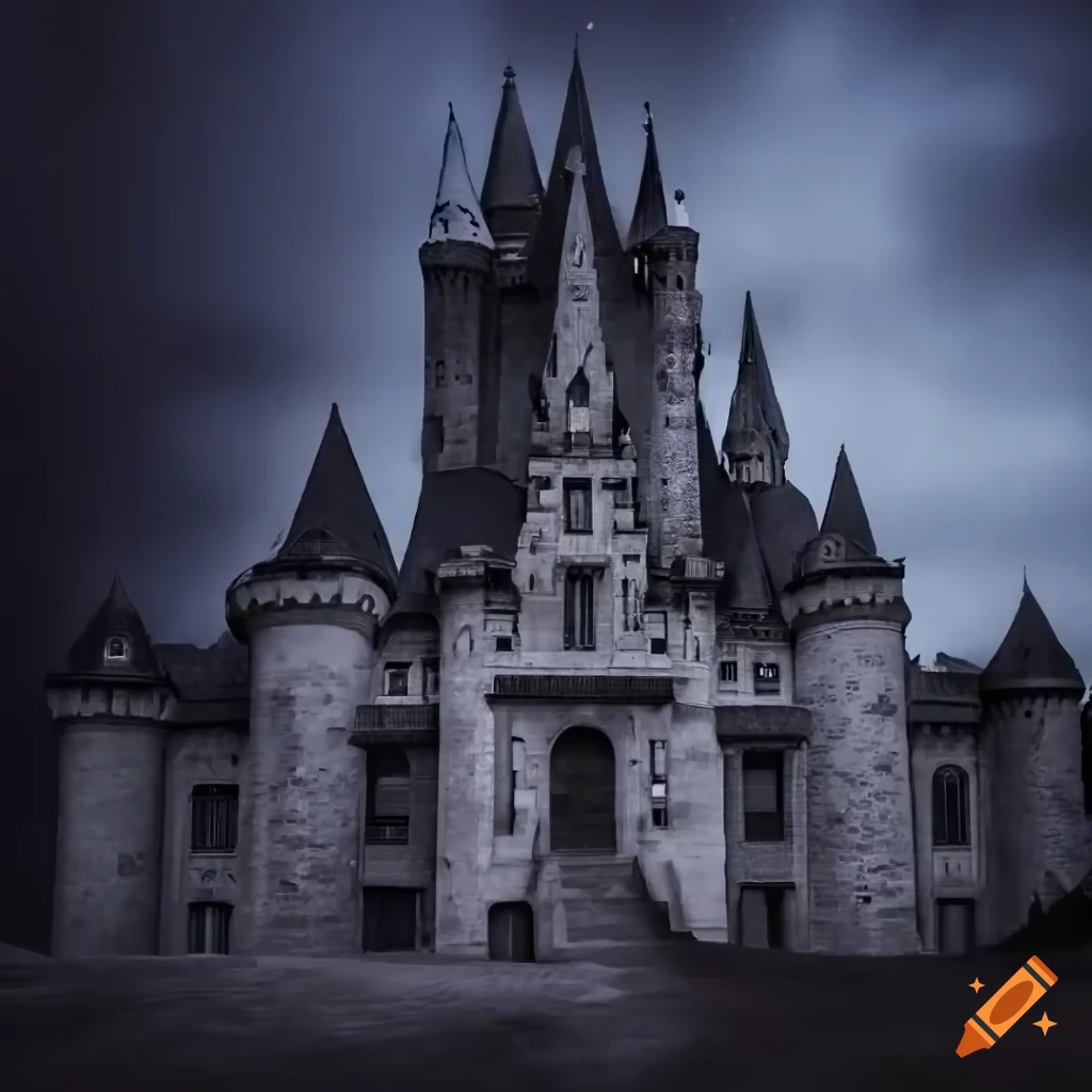 Luxurious fantasy castle with a sharply pointed roof and grand ...