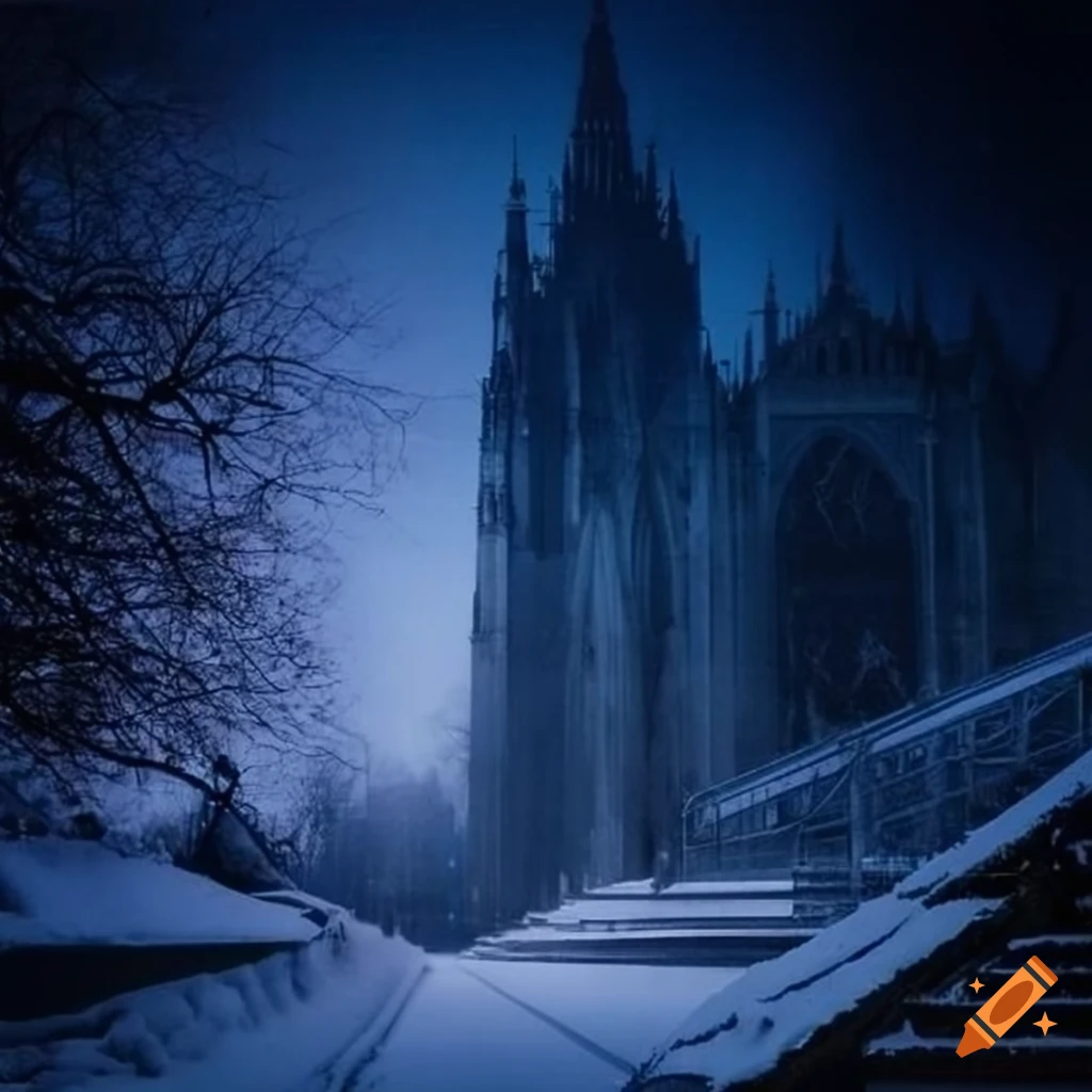 High footbridge between gothic cathedrals in a snowy blizzard at night ...