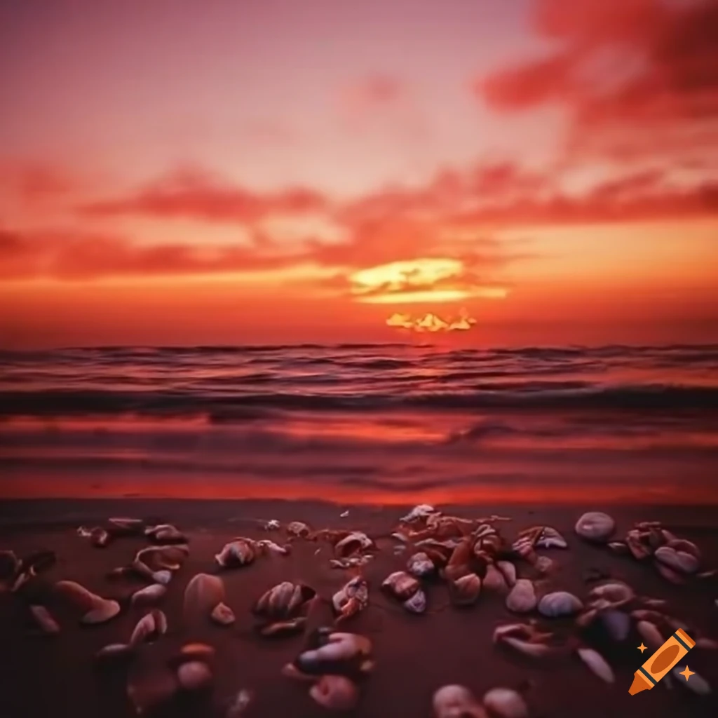 Shells on a German beach during sunset with clouds and red hues on Craiyon