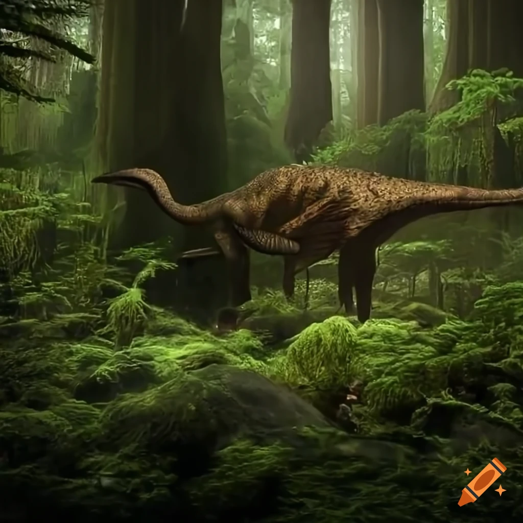 Hypsilophodon dinosaurs in a cedar forest with moss and fern undergrowth on Craiyon