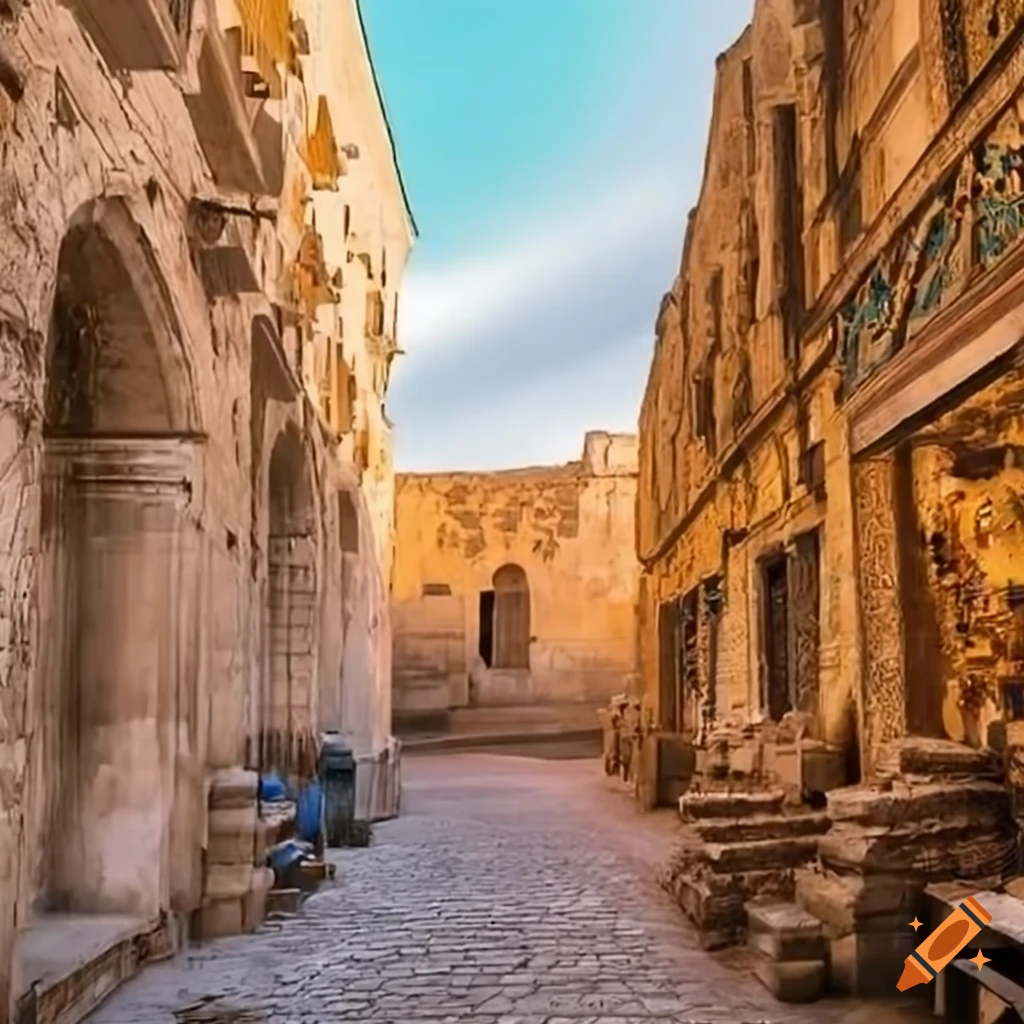 Vibrant streetscape with markets and ancient architecture in ...