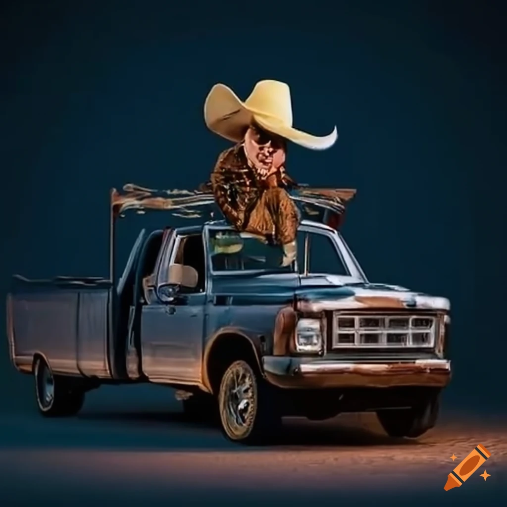 Cowboy proudly driving a pickup truck on Craiyon