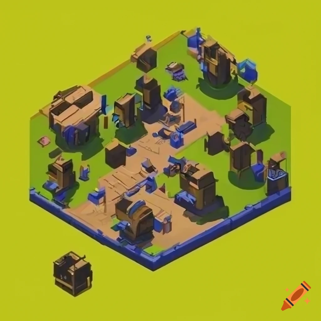 Isometric map of a paintball arena with open design and strategic ...