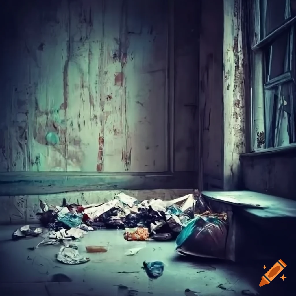 Shabby walls and people in a small room with rubbish on the floor on ...