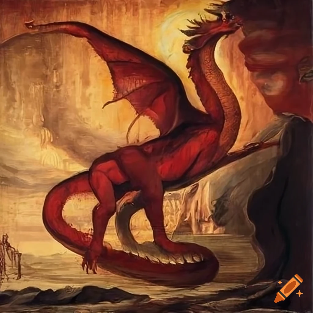 Great red dragon with seven heads and ten horns casting stars to the earth on Craiyon