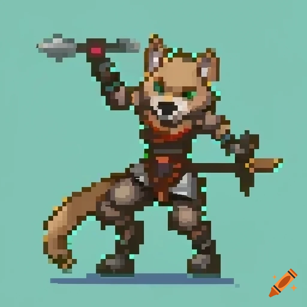 Hyena furry hero with spear in RPG pixel art style on Craiyon