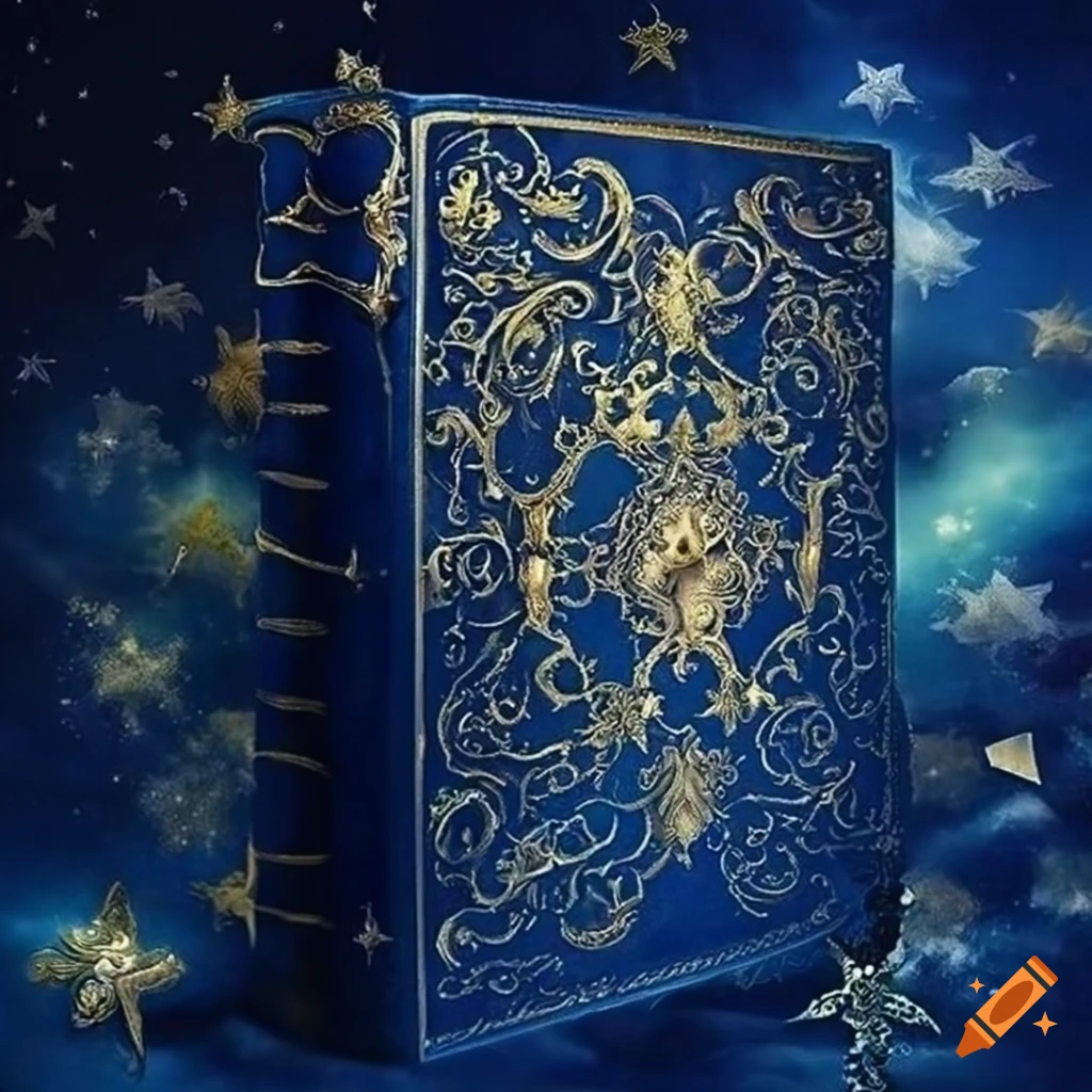 Blue leather book with celestial motifs of stars, angels, and golden ...