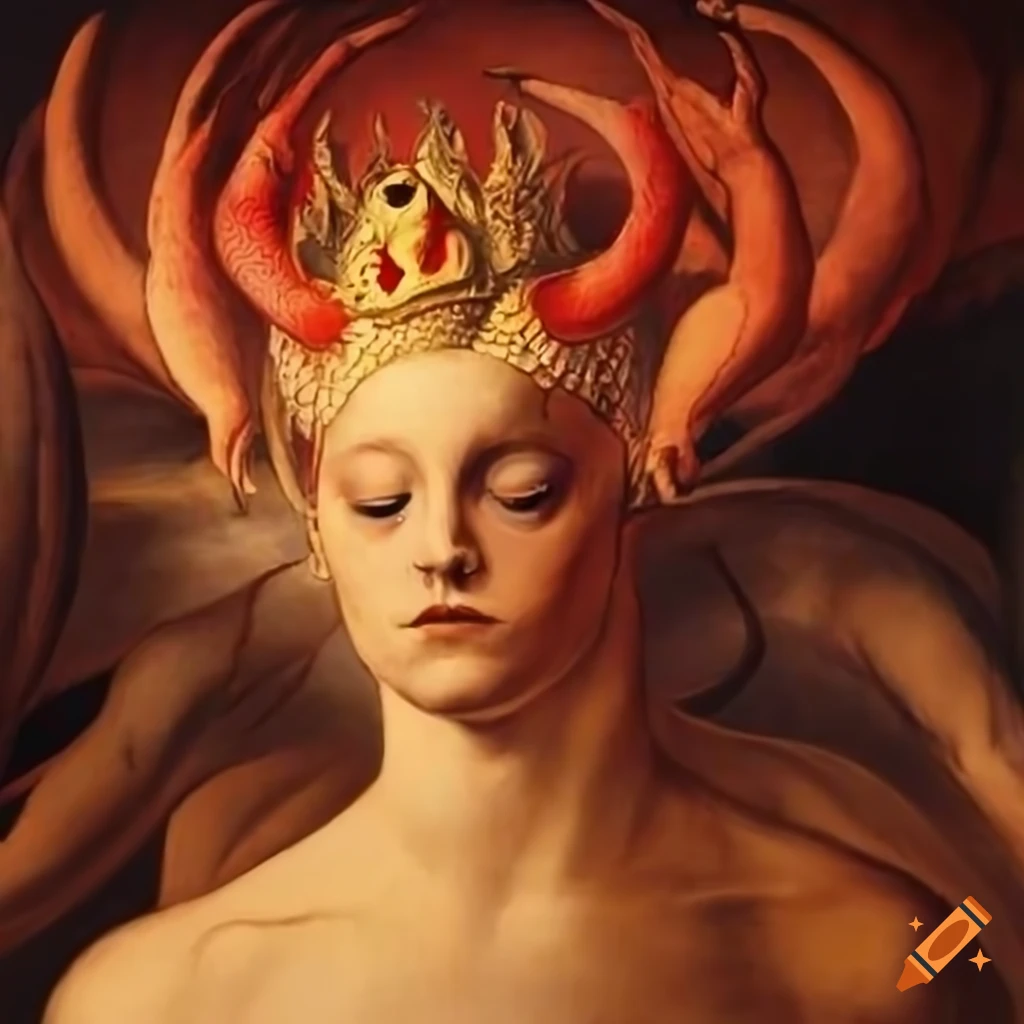 Great red dragon with seven heads and ten horns casting stars to the ...