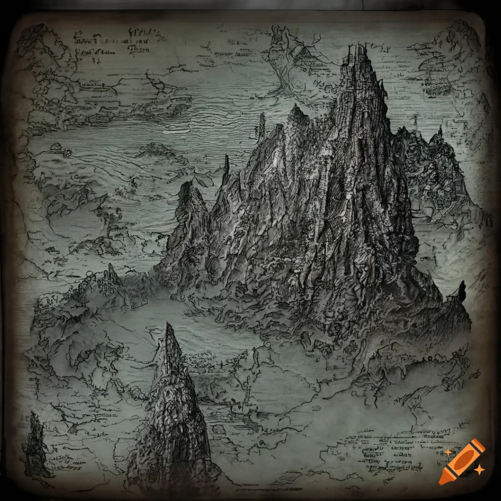 John Howe and Alan Lee dark fantasy map terrain in black metal style on ...