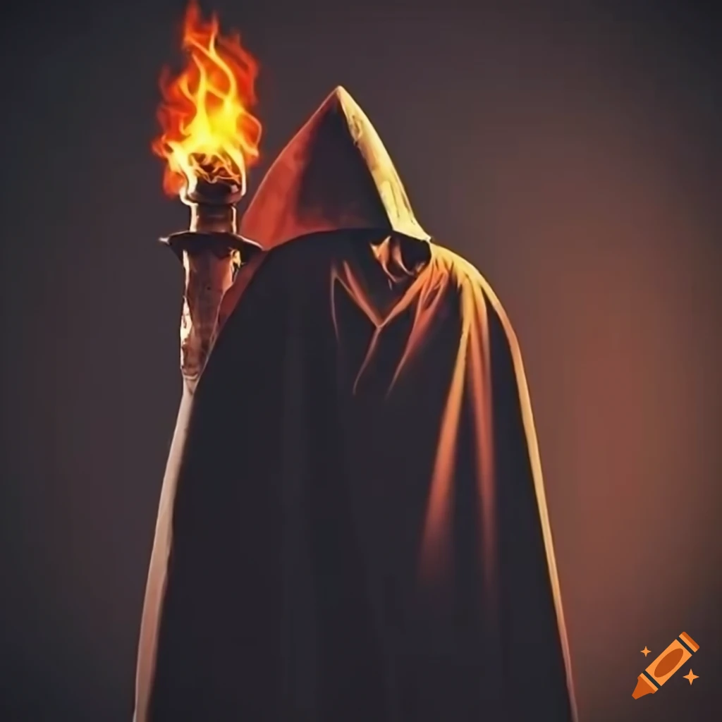 Ancient knight with hooded cloak holding torch and spear in the dark on ...