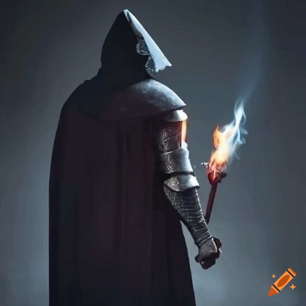 Ancient knight holding a flaming torch and white spear in the dark on ...