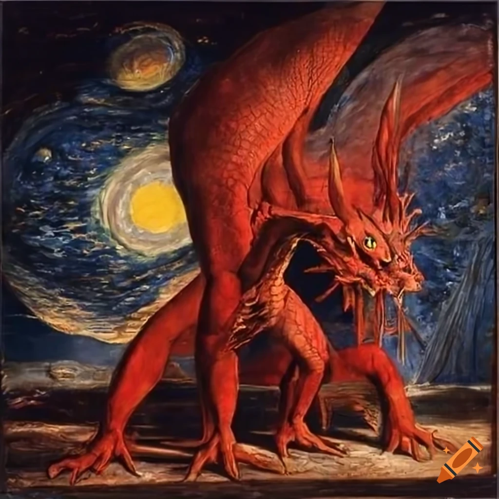 Great red dragon with seven heads and ten horns, and a third of the ...