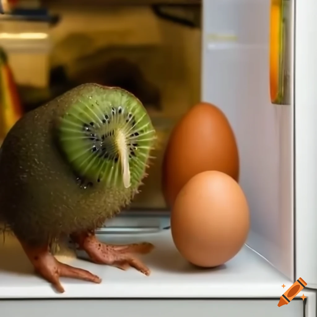 Kiwi fruit and egg looking at each other in a fridge on Craiyon