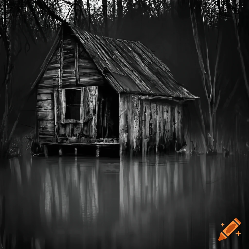 Old shack in dark swamp at night in vintage cartoon style on Craiyon